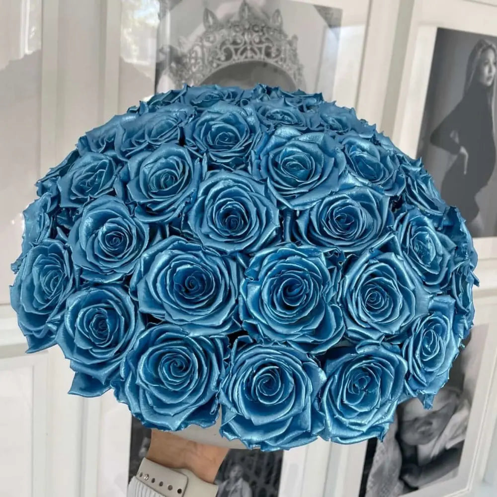 Metallic Blue Roses in Cement Pot - Fleur Du Luxe. Everlasting beauty